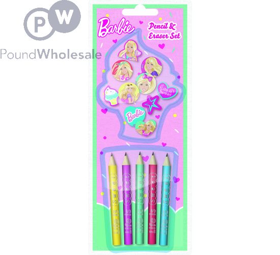 Wholesale Barbie 4 Colouring Pencil And Eraser Set | Pound Wholesale