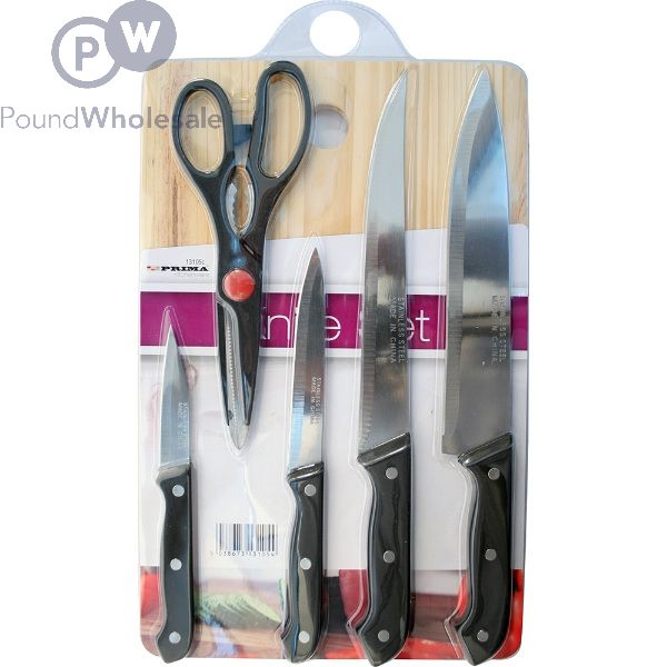Wholesale Prima 5pc Knife Set With Wooden Chopping Board | Pound Wholesale
