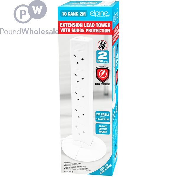 Wholesale Elpine 10 Gang Surge Protected 13amp Extension Lead Tower 2m ...