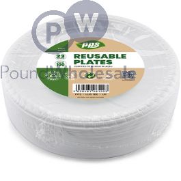 Wholesale White Plastic Reusable Plates 23cm 100 Pack | Pound Wholesale