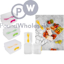 Wholesale 3 Section Lunch Box With Fork Assorted Colours | Pound Wholesale